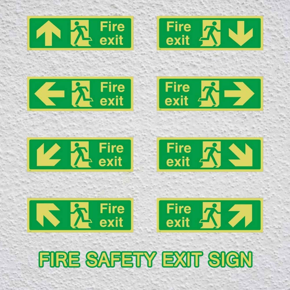 Renococo Fire Exit Sign Stickers,Photoluminescent Fire Safety"Fire Exit" Sign,Decal Adhesive Glow in The Dark with Direction Arrows 14in x 5.5Inch