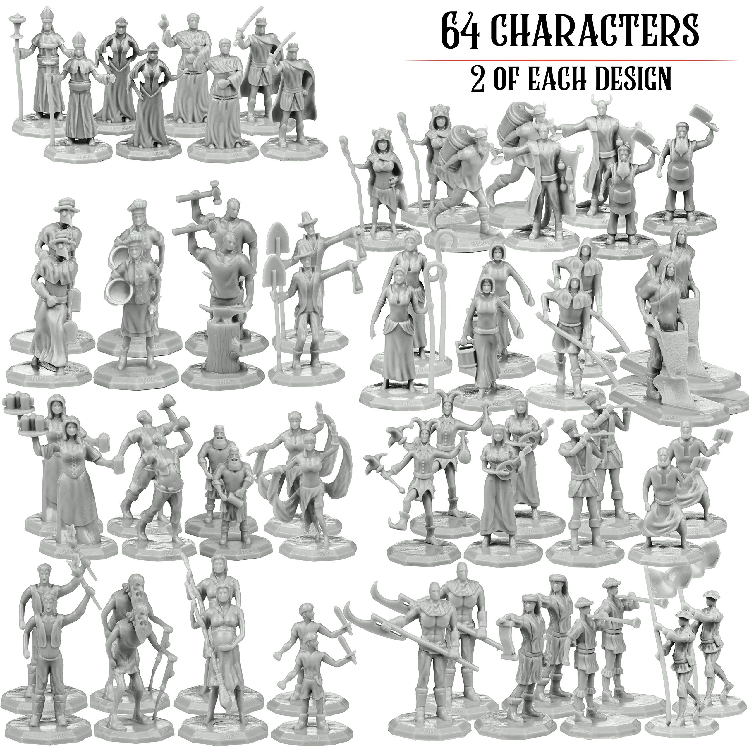 Townsfolk Mini Fantasy Figures Set- 64 Non Player Character NPC Miniatures - 1" Hex Nobility, Merchants, and More - Compatible with DND Dungeons Dragons, Pathfinder, RPG Tabletop-Games