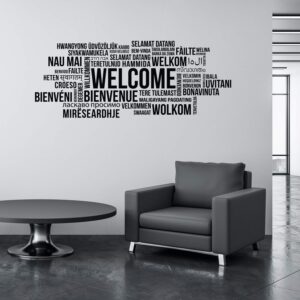 Vinyl Wall Art Decal - Welcome Collage - 22" x 56" - Modern Cute Inspirational Fun Optimistic Quote Sticker for Office Lobby Studio Business Entry Way Door Windows Coffee Shop Decor (Black)