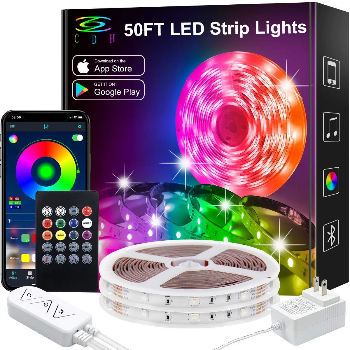 LED Strip Lights,50Ft Color Changing LED Strip Lights Music Sync,Bluetooth App Controlled,5050 RGB LED Rope Lights 16Million Color,Sensitive Built-in Mic,LED Lights for Bedroom Kitchen TV Party