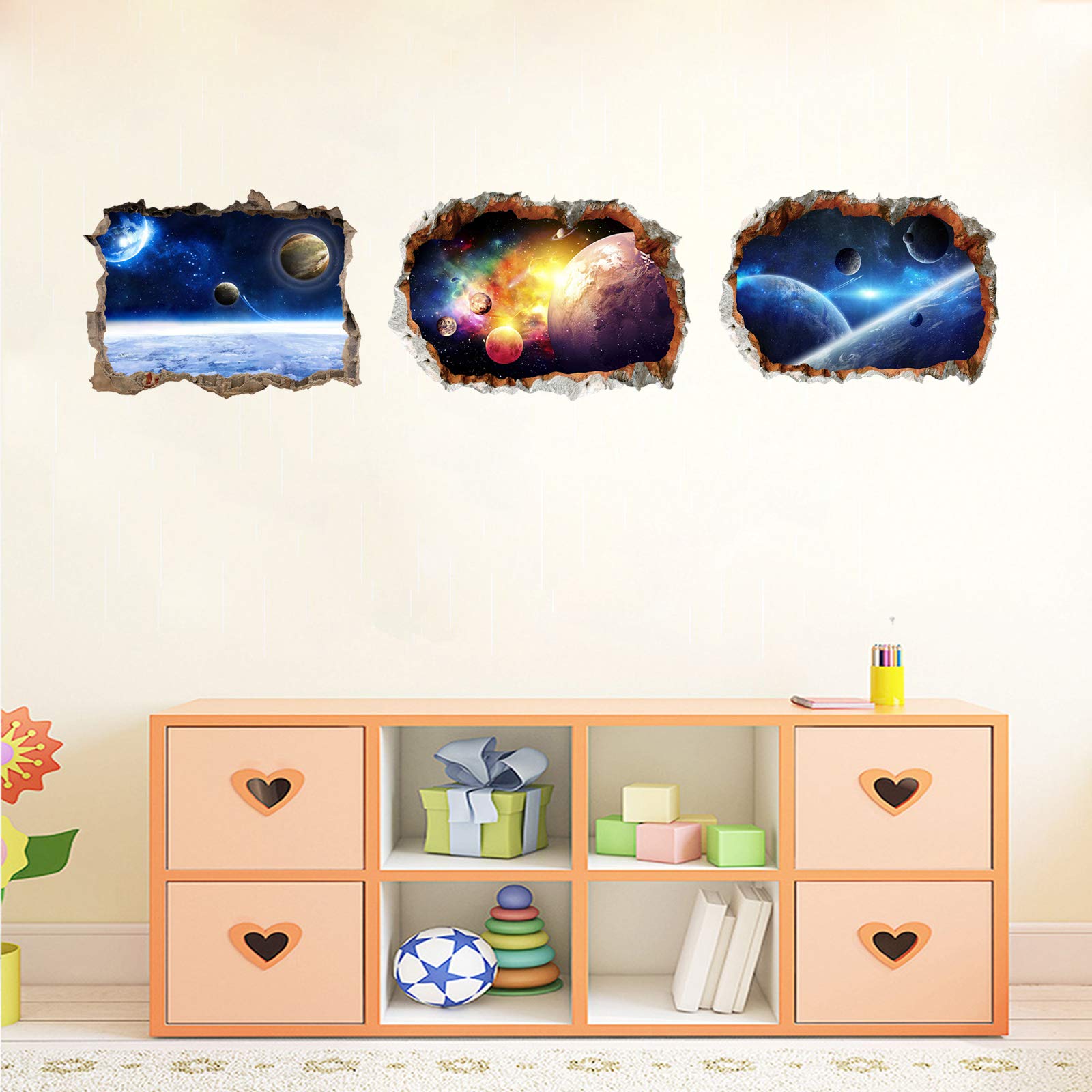 3 Pcs Universe Window Wall Stickers 3D Planet Wall Decals Galaxy Outer Space Star Wall Murals Wall Art Decorative Sticker for Kids Home Living Room Bedroom Nursery Removable Party Decor Decorations