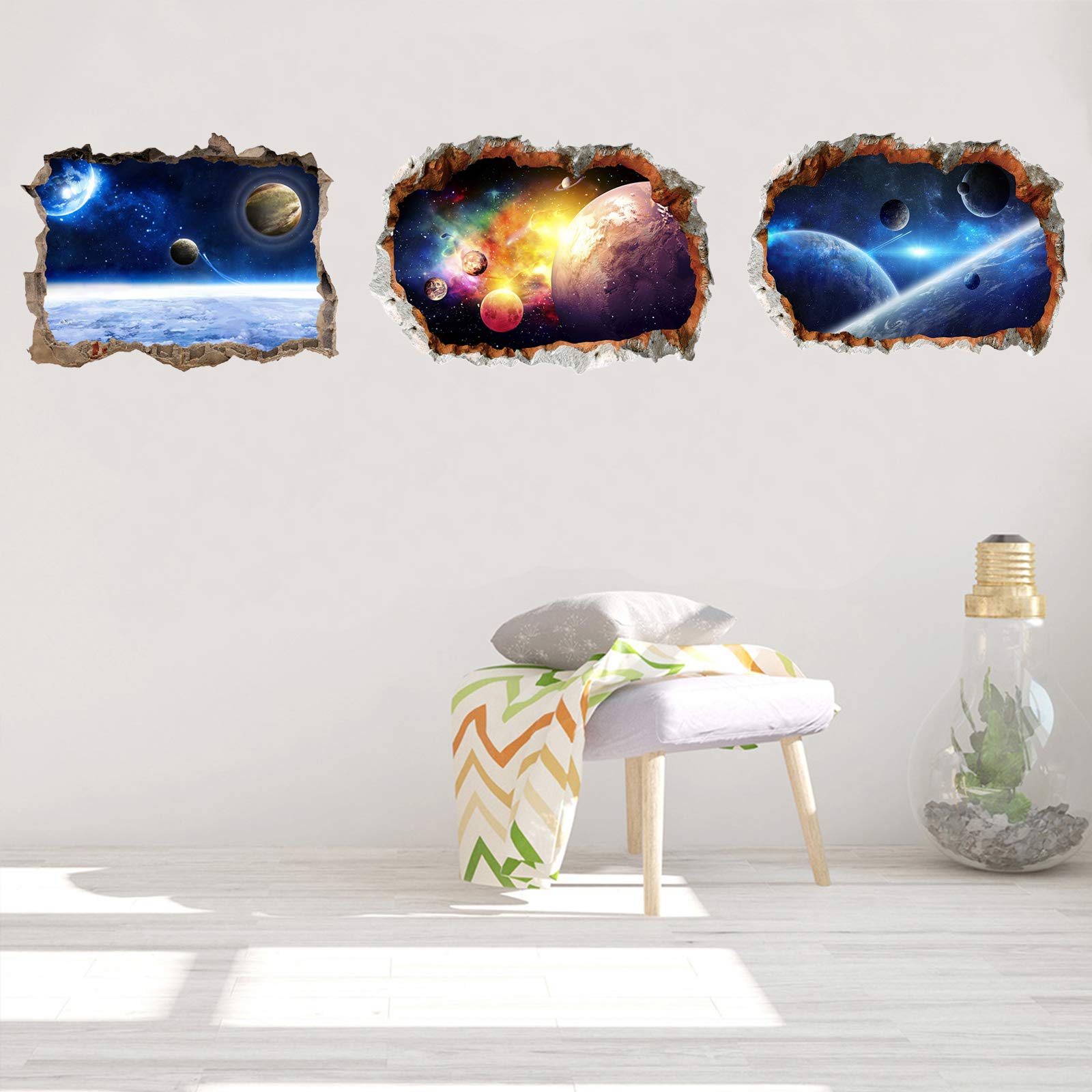 3 Pcs Universe Window Wall Stickers 3D Planet Wall Decals Galaxy Outer Space Star Wall Murals Wall Art Decorative Sticker for Kids Home Living Room Bedroom Nursery Removable Party Decor Decorations