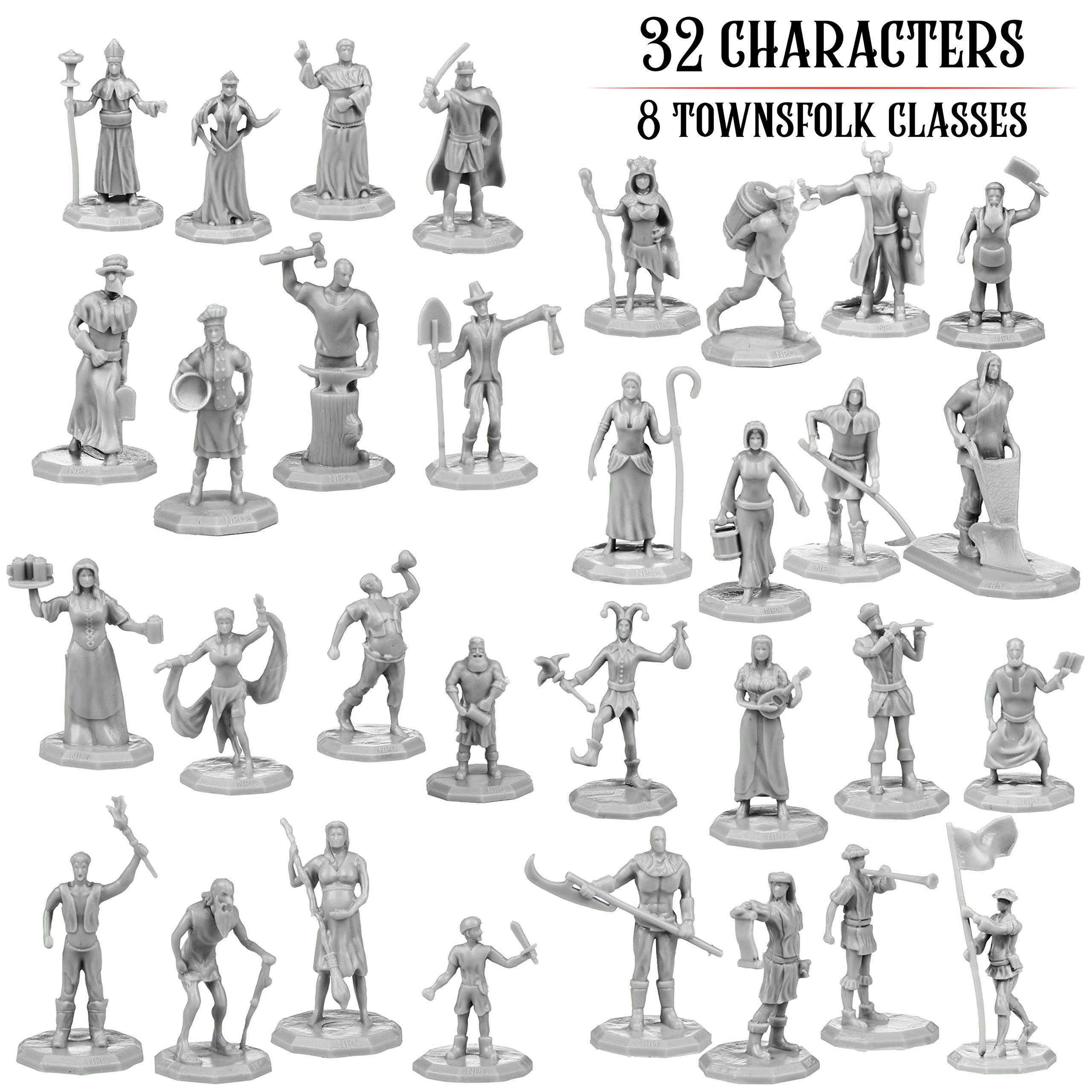 Townsfolk Mini Fantasy Figures Non Player Characters NPC - 32 Unique Miniatures- Nobility, Merchants, Peasants, Entertainers and More- Compatible w DND Dungeons Dragons, Pathfinder, RPG Tabletop Games