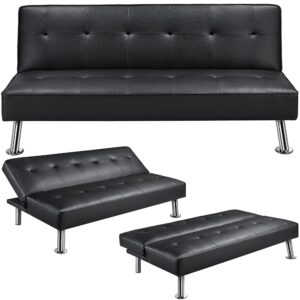 yaheetech modern folding futon loveseat black faux leather futon sleeper bed convertible futon couch bed for living room