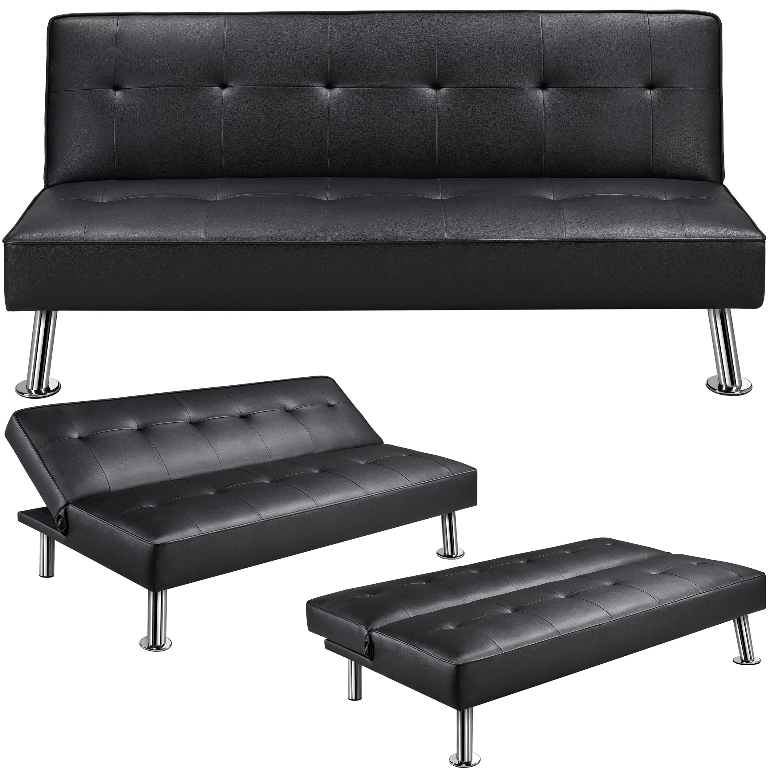 Yaheetech Modern Folding Futon Loveseat Black Faux Leather Futon Sleeper Bed Convertible Futon Couch Bed for Living Room