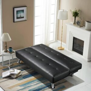 Yaheetech Modern Folding Futon Loveseat Black Faux Leather Futon Sleeper Bed Convertible Futon Couch Bed for Living Room