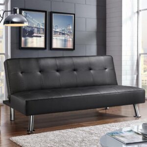 Yaheetech Modern Folding Futon Loveseat Black Faux Leather Futon Sleeper Bed Convertible Futon Couch Bed for Living Room