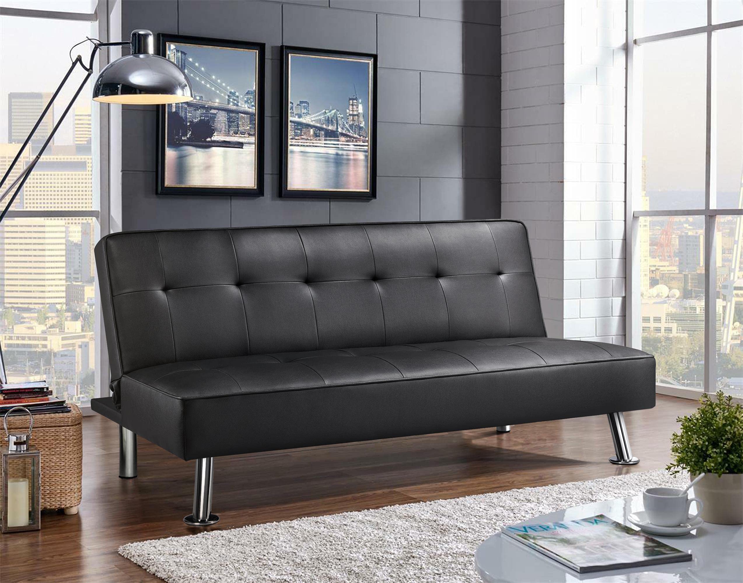 Yaheetech Modern Folding Futon Loveseat Black Faux Leather Futon Sleeper Bed Convertible Futon Couch Bed for Living Room