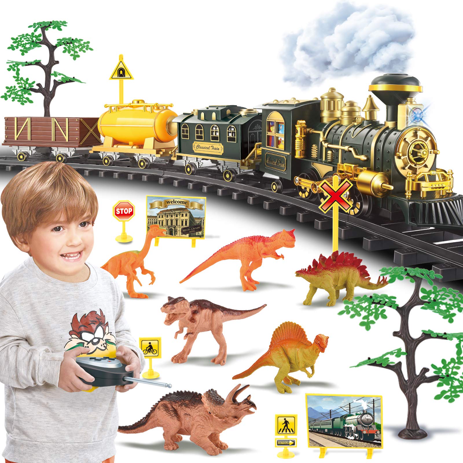 Train Set for Christmas Tree, Updated Large Remote Control Electric Train Toy for Boys Girls w/Smokes, Lights & Sound, Railway Kits w/Steam Locomotive Engine, for 2 3 4 5 6 7 8+ Year Old Kids