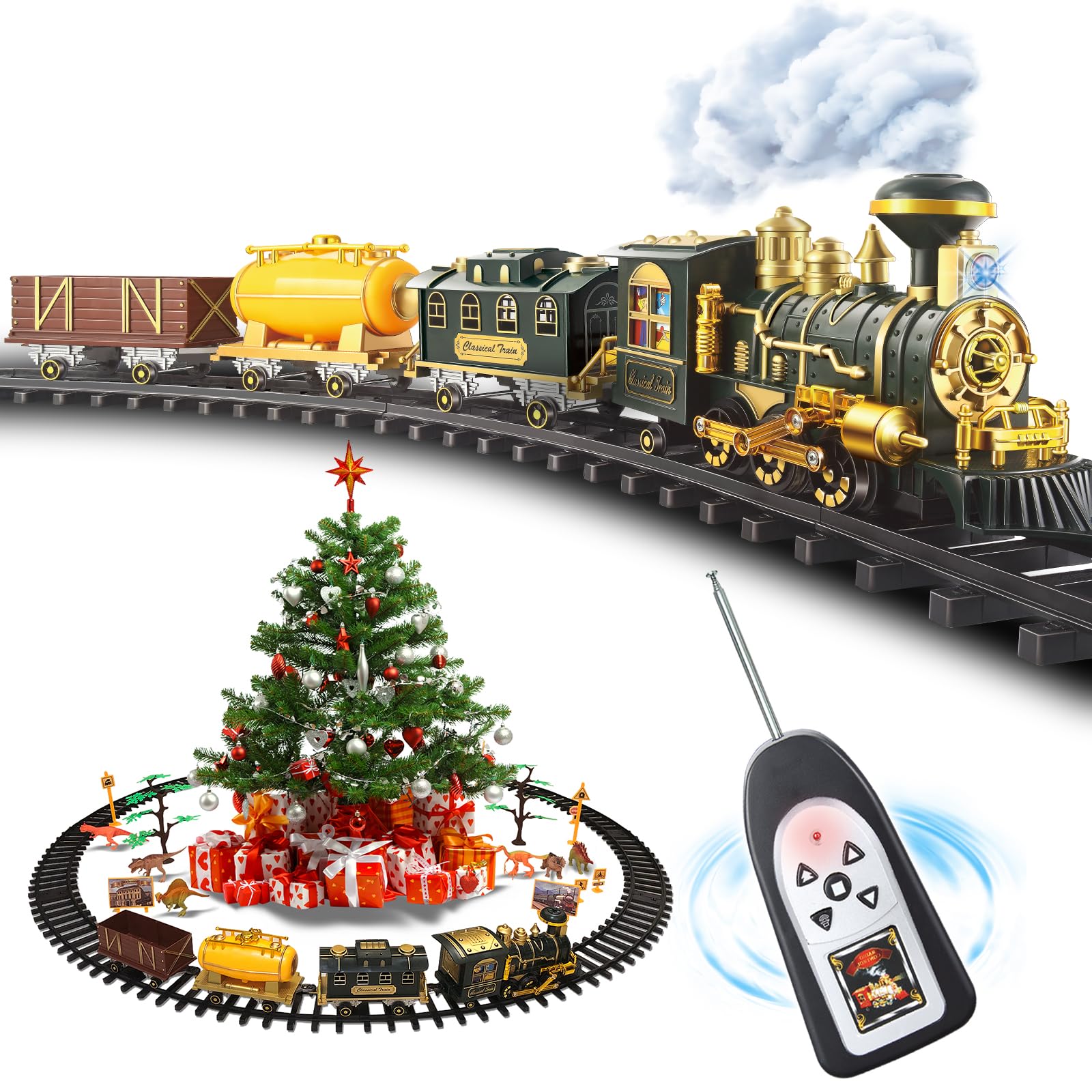 Train Set for Christmas Tree, Updated Large Remote Control Electric Train Toy for Boys Girls w/Smokes, Lights & Sound, Railway Kits w/Steam Locomotive Engine, for 2 3 4 5 6 7 8+ Year Old Kids