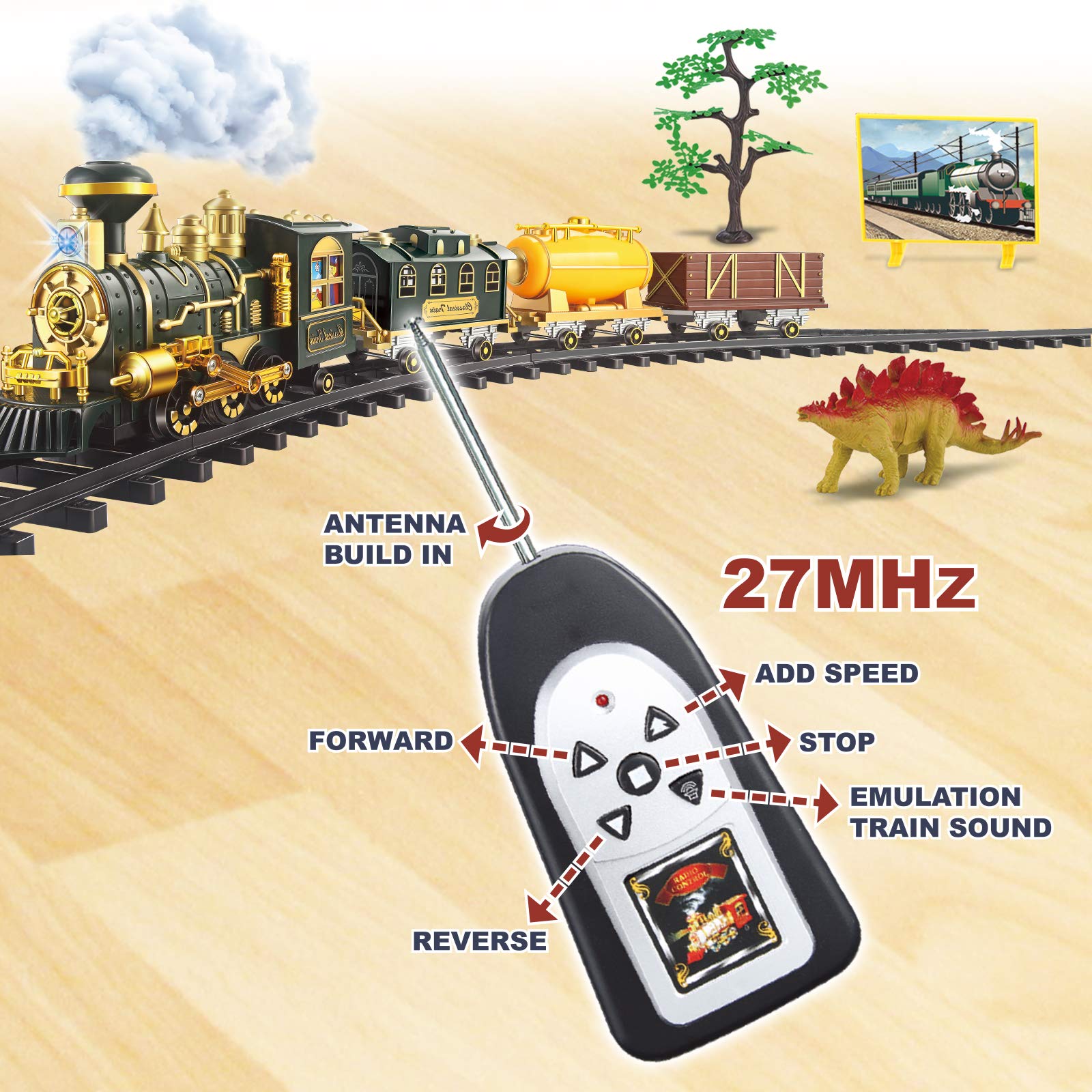 Train Set for Christmas Tree, Updated Large Remote Control Electric Train Toy for Boys Girls w/Smokes, Lights & Sound, Railway Kits w/Steam Locomotive Engine, for 2 3 4 5 6 7 8+ Year Old Kids