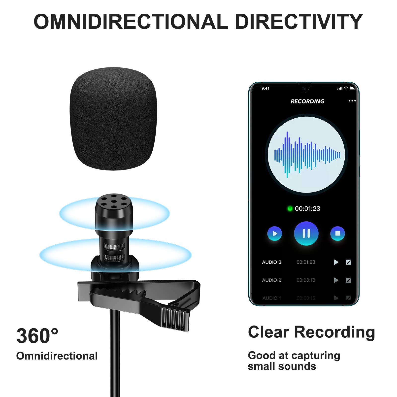 Aokeo Professional Lavalier Lapel Microphone Omnidirectional Condenser Mic for iPhone Android Smartphone,Recording Mic for Youtube,Interview,Video (3.5mm)