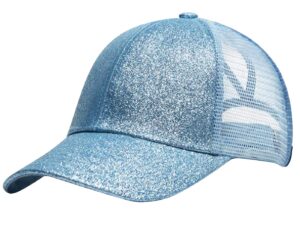 anna-kaci womens baseball cap glitter ponytail hat high messy bun ponycap trucker dad hat, blue