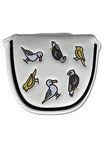 e9 golf Fore The Birds Round Mallet Putter Cover - Synthetic Leather Golf Mallet Putter Headcover - Men & Women Golf Mallet Putter Covers Accessories - Universal Fit Putter Cover - (White)