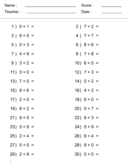 10 Horizontal Addition Math Worksheets with Answer Keys (PDF & Word Doc) K-2