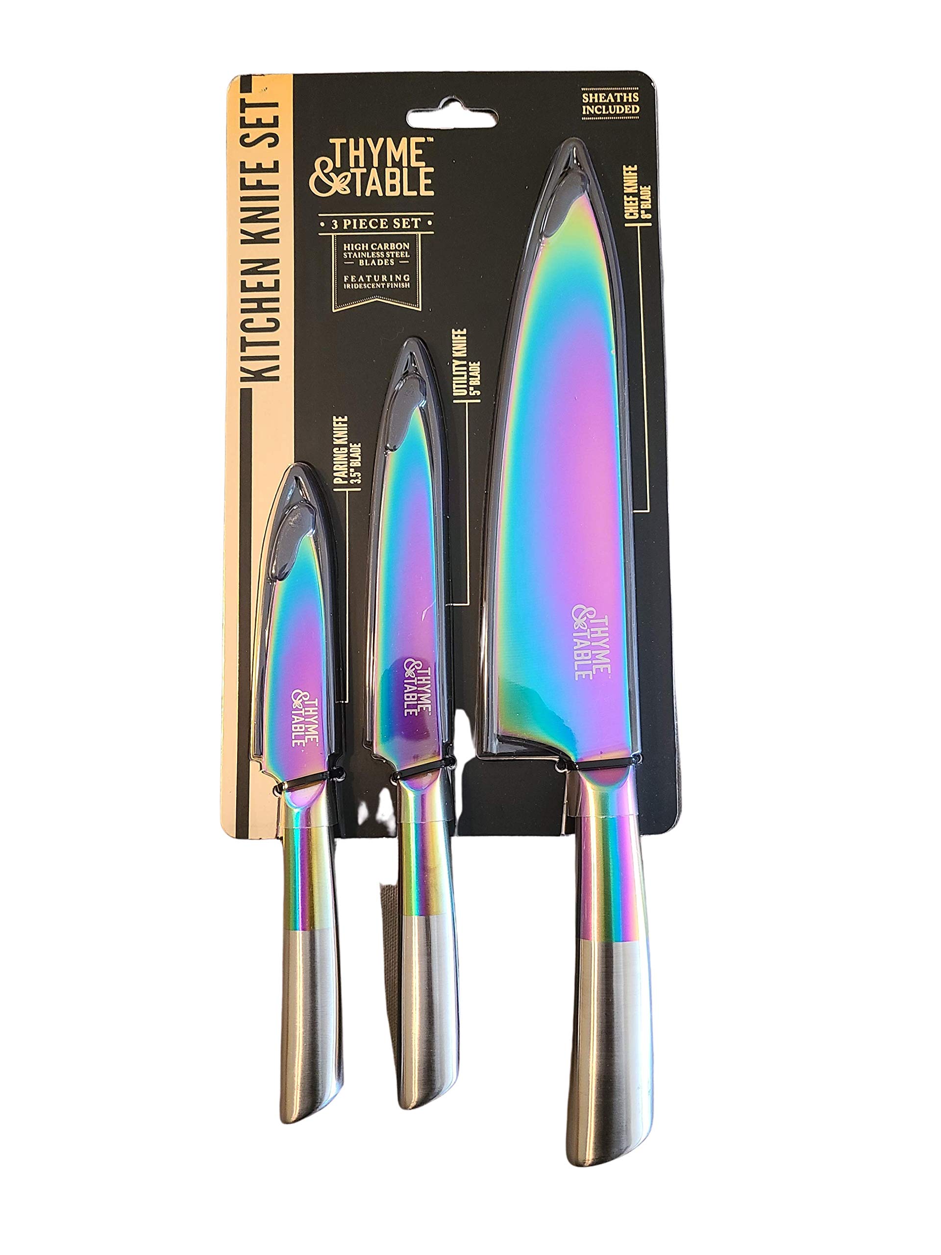 Thyme & Table 3 Piece High Carbon Stainless Steel Knife Set Iridescent Finish Sheaths Included