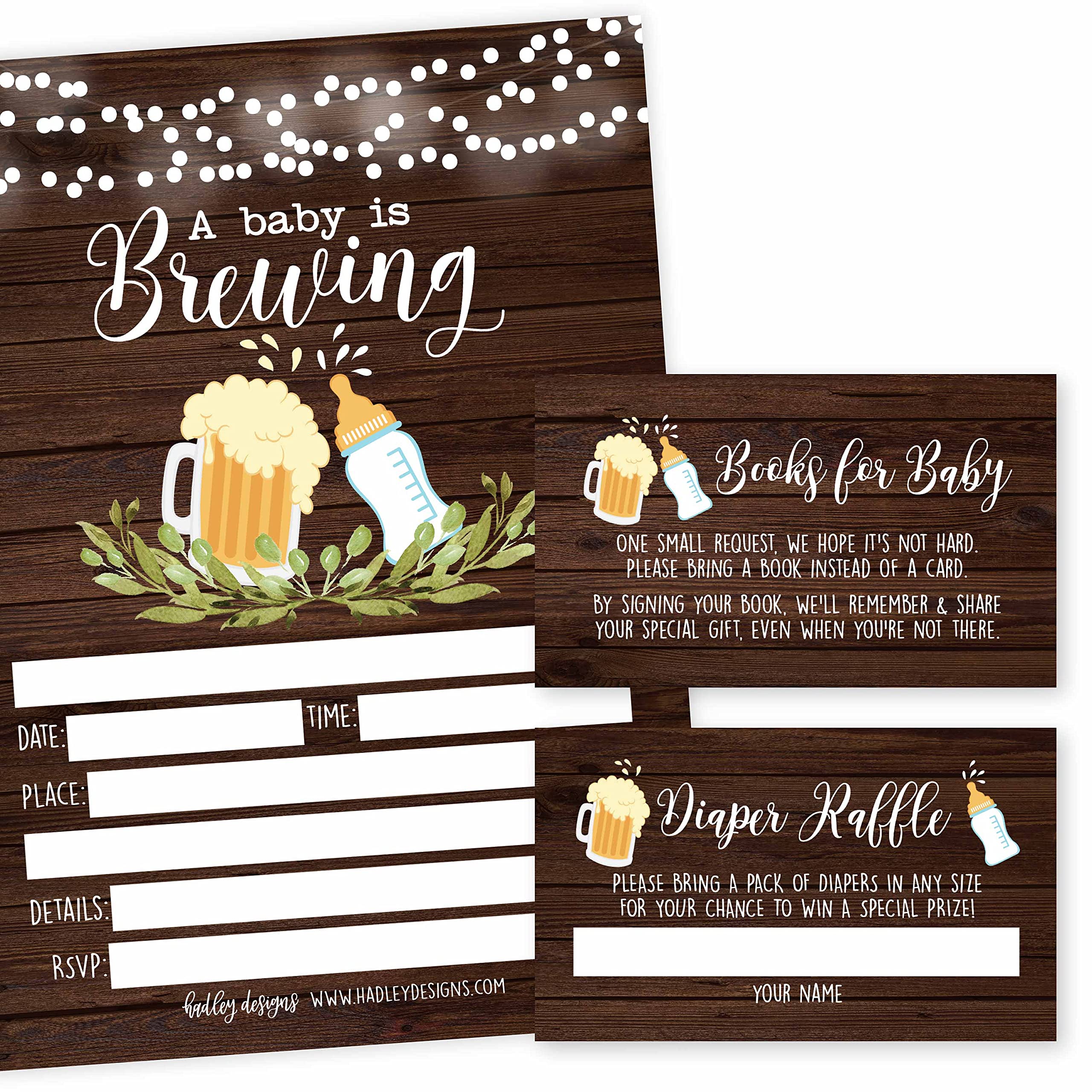 25 Brewing Baby Shower Invitations, 25 Book Request Baby Shower Guest Book Alternative, 25 Baby Shower Diaper Raffle Tickets For Baby Shower Games To Play, Beer Vintage Bottle Diaper Raffle Cards