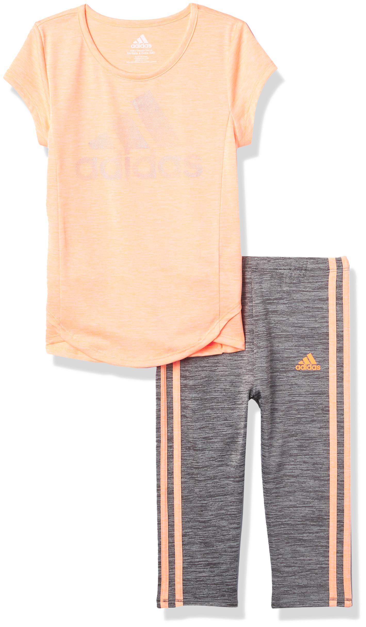 adidas Baby Girls' Short Sleeve Mélange Tee and 3-Stripes Capri Tights Set, Screaming Orange Heather, 2T