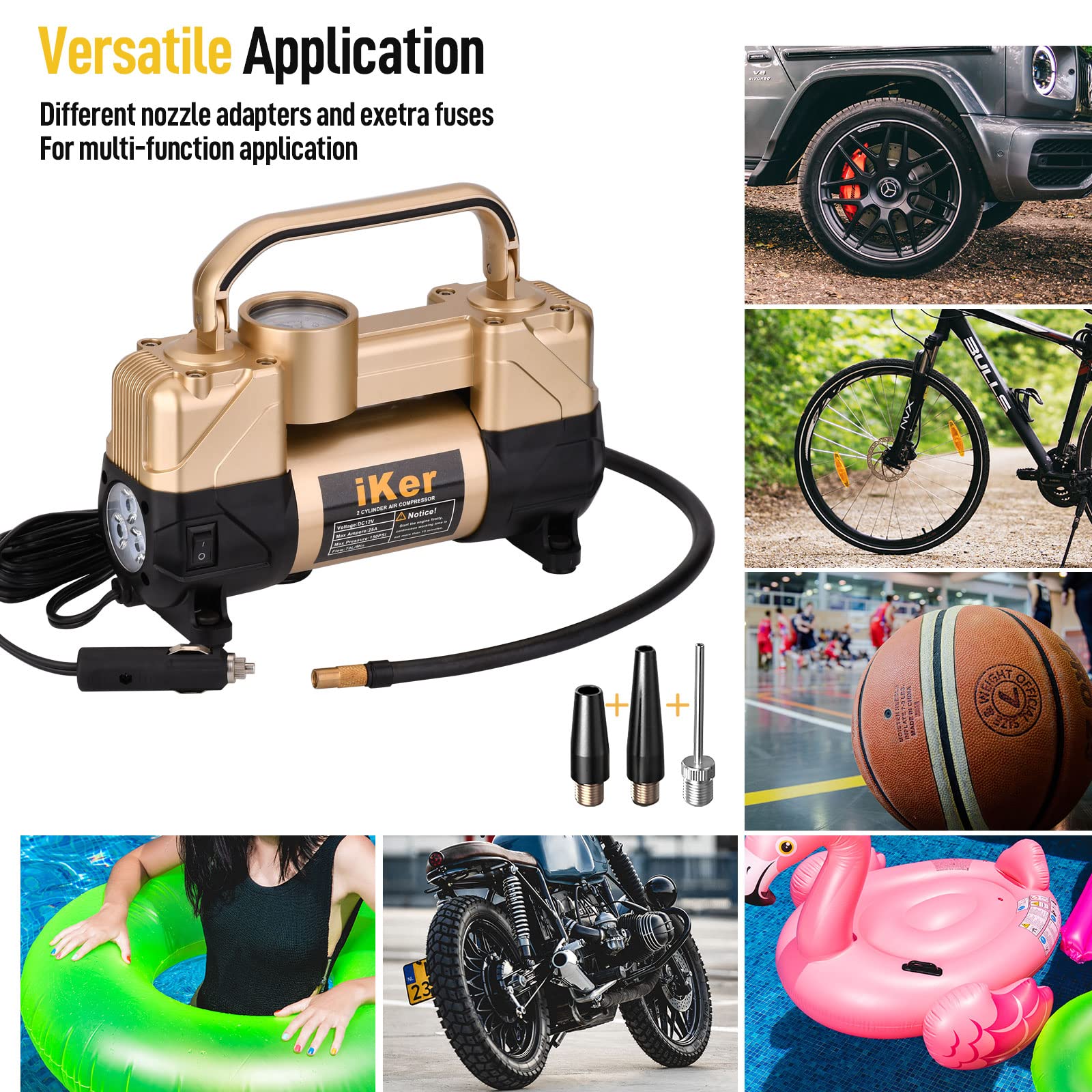 iKer 12V Air Compressor Heavy Duty Tire Inflator Portable for Truck SUV RV Tires,70L/Min Double Cylinders Metal Car Air Pump 150PSI Gold