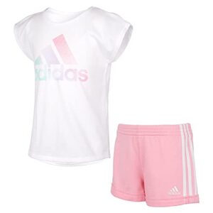 adidas girls sleeve love to dance tee and shorts set, white with light pink, 4-8 years us