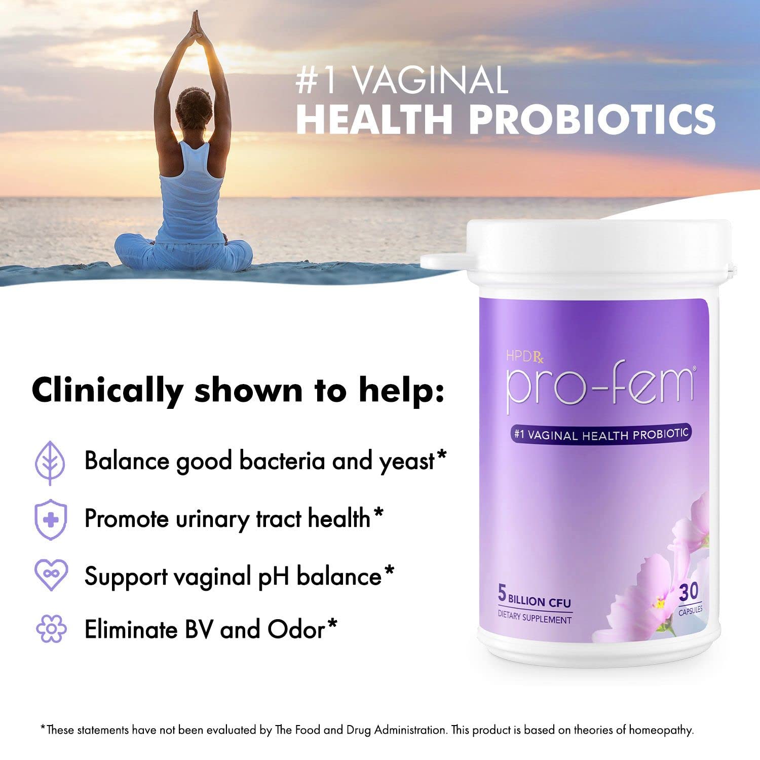 HPD Rx Pro-Fem #1 Vaginal Health Probiotic | Vaginal Probiotics | Clinically Proven to Promote Yeast & PH Balance, Urinary Tract Health | Feminine Probiotics | Works in 7 Days | 30 Capsules | 1 Pack