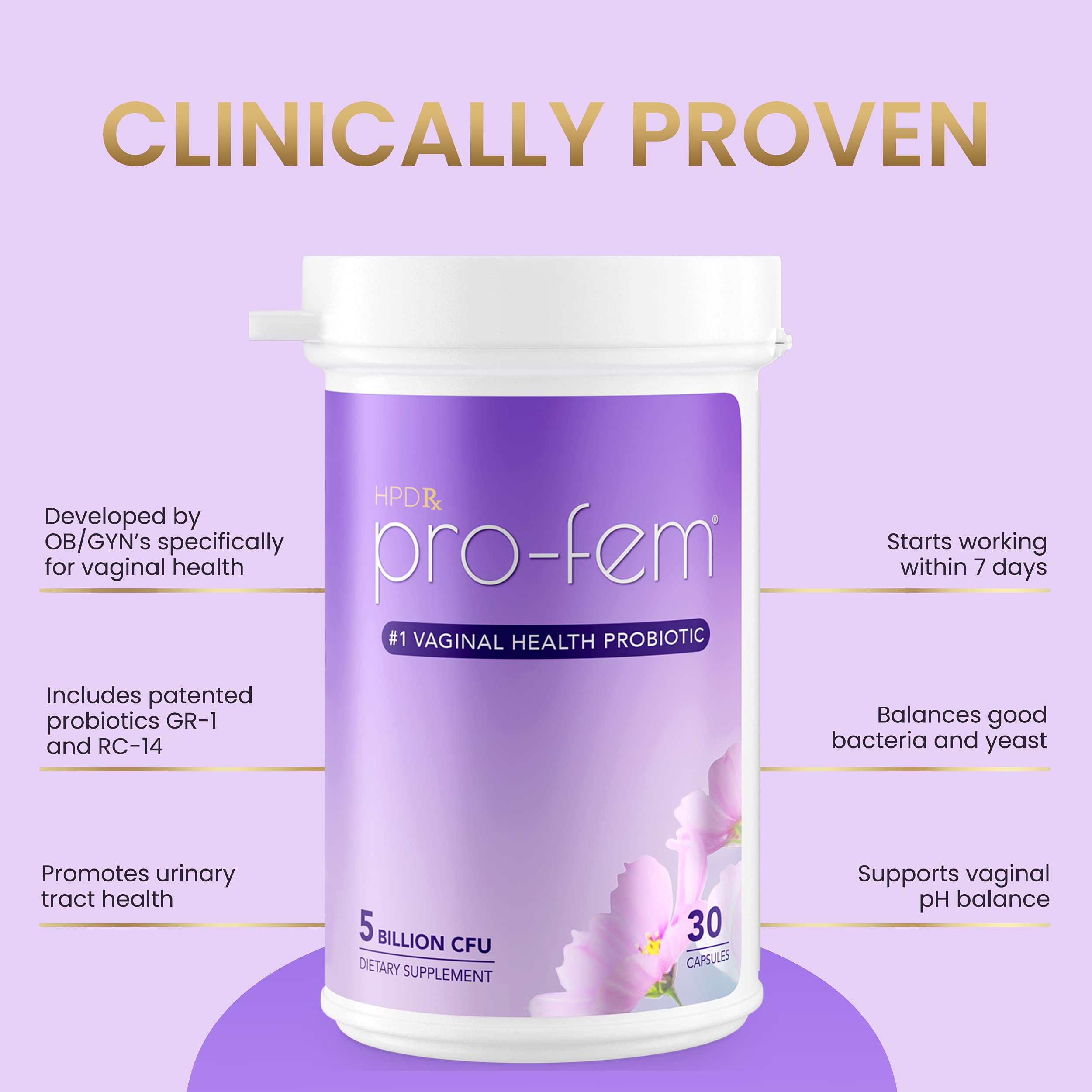 HPD Rx Pro-Fem #1 Vaginal Health Probiotic | Vaginal Probiotics | Clinically Proven to Promote Yeast & PH Balance, Urinary Tract Health | Feminine Probiotics | Works in 7 Days | 30 Capsules | 1 Pack