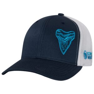 born of water megalodon meg tooth trucker hat: scuba dive | freediving | spearfishing - navy/white