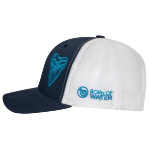 Born of Water Megalodon MEG Tooth Trucker Hat: Scuba Dive | Freediving | Spearfishing - Navy/White