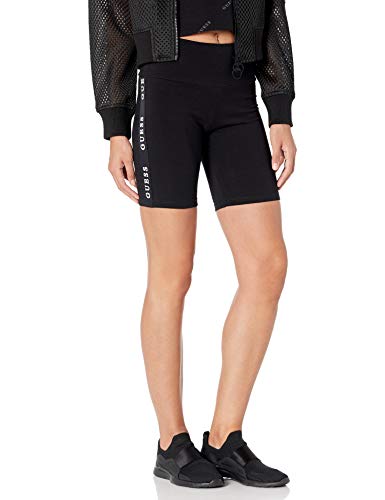 GUESS Women's Active Stretch Jersey Logo Tapping Biker Short, Jet Black, Medium