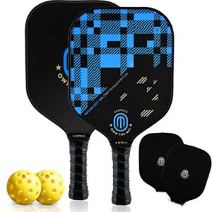 own the net pickleball paddles, usa-based brand, premium pickleball paddle set with patented carbon fiber graphite, includes 2 paddle covers and 2 outdoor balls with carry bag (sky blue)