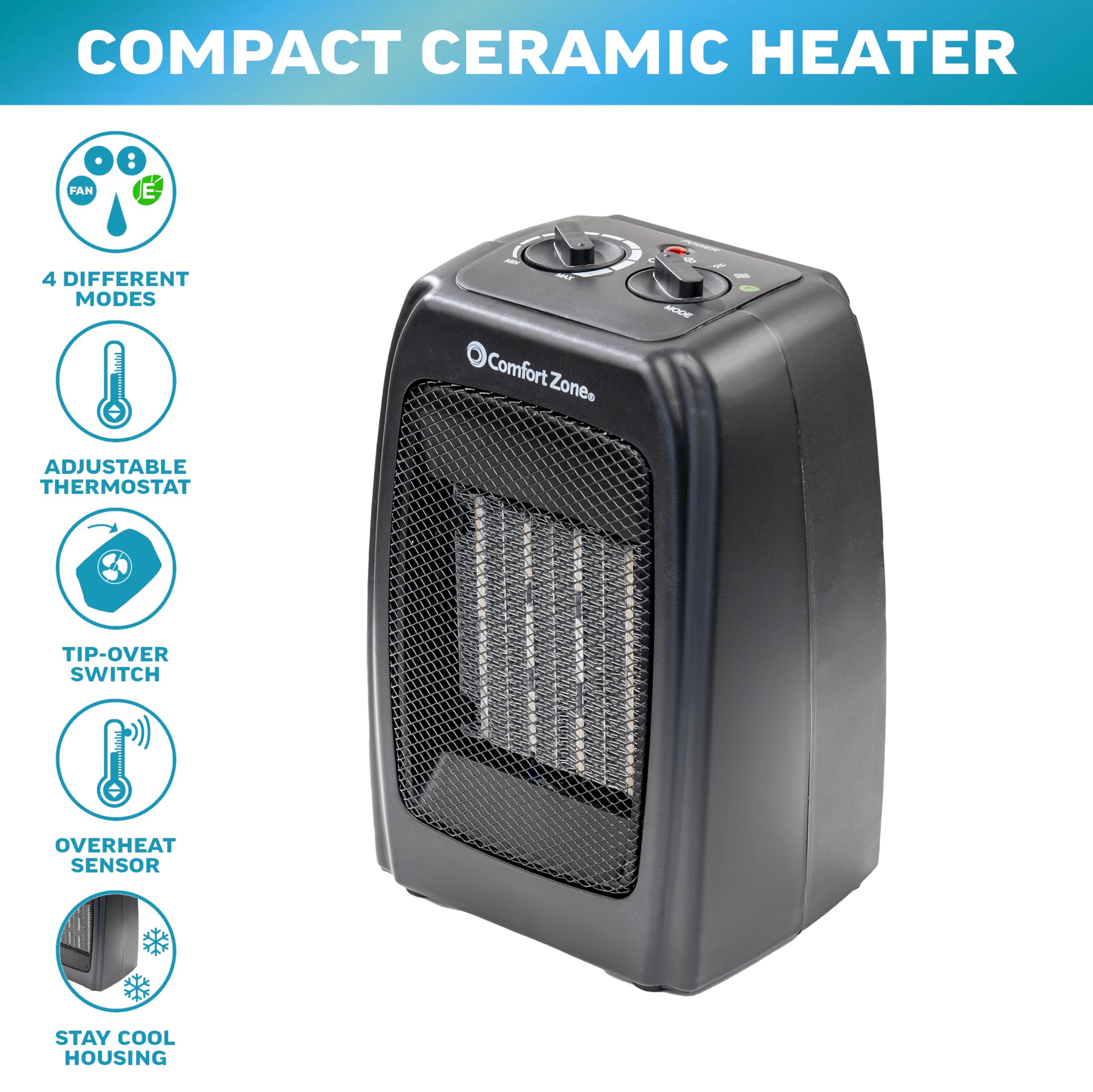 Comfort Zone CZ442E Personal Energy Save Ceramic Heater - 1500W Portable with Adjustable Thermostat, Tip-Over Switch & Overheat Protection, Black