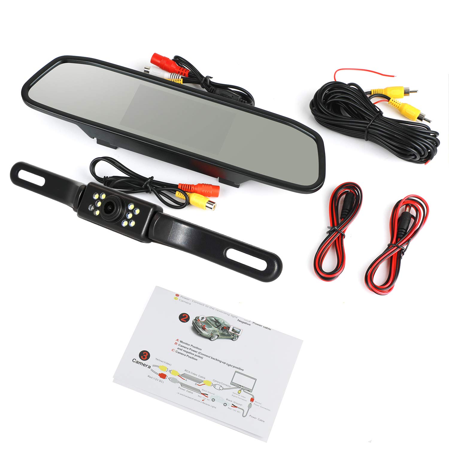 Peojek Backup Camera and Monitor Kit, 4.3" Car Vehicle Rearview Mirror Monitor for Car Reverse Camera Waterproof Car Rear View Camera with 9 LED Night Vision (4.3" Backup Camera)