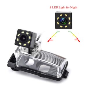 eHANGO Car Rear View Camera with 4 Pin to RCA Cable Bracket License Plate Lights Housing Mount for Nissan Versa Nissan Tiida Nissan Livina Pulsar Nissan Latio Nissan 350Z 370Z (8 LED Angle)