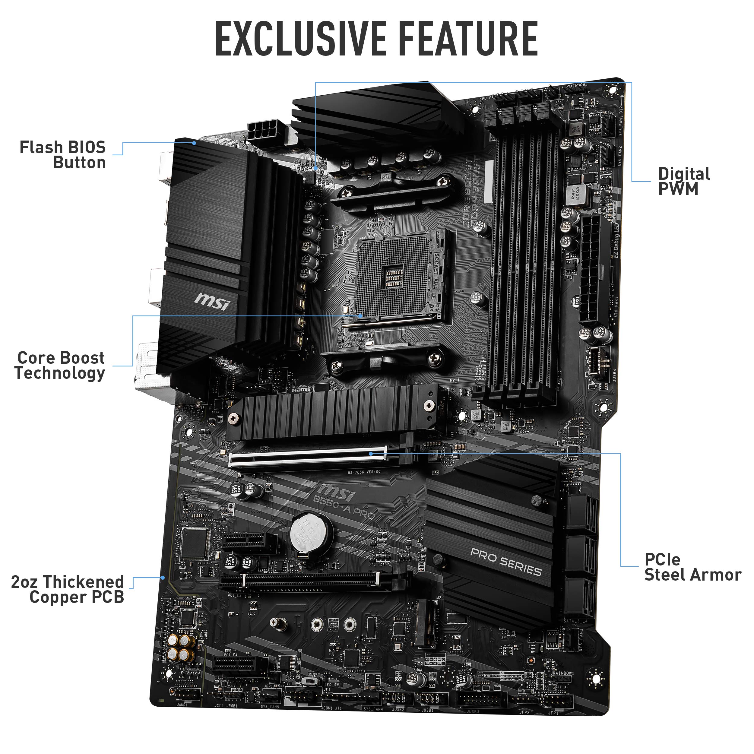 MSI B550-A PRO ProSeries Gaming PC Motherboard - AM4, DDR4, PCIe 4.0, SATA 6Gb/s, M.2, USB 3.2 Gen 2, HDMI/DP, ATX, AMD Computer Motherboards (Renewed)