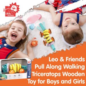 Leo & Friends Pull Along Walking Triceratops Wooden Toy for Boys and Girls