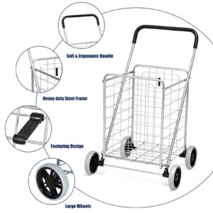 Goplus Shopping Carts for Groceries, Heavy Duty Folding Shopping Cart with Wheels, Portable Collapsible Grocery Cart, Light Weight Foldable Utility Cart for Laundry Silver