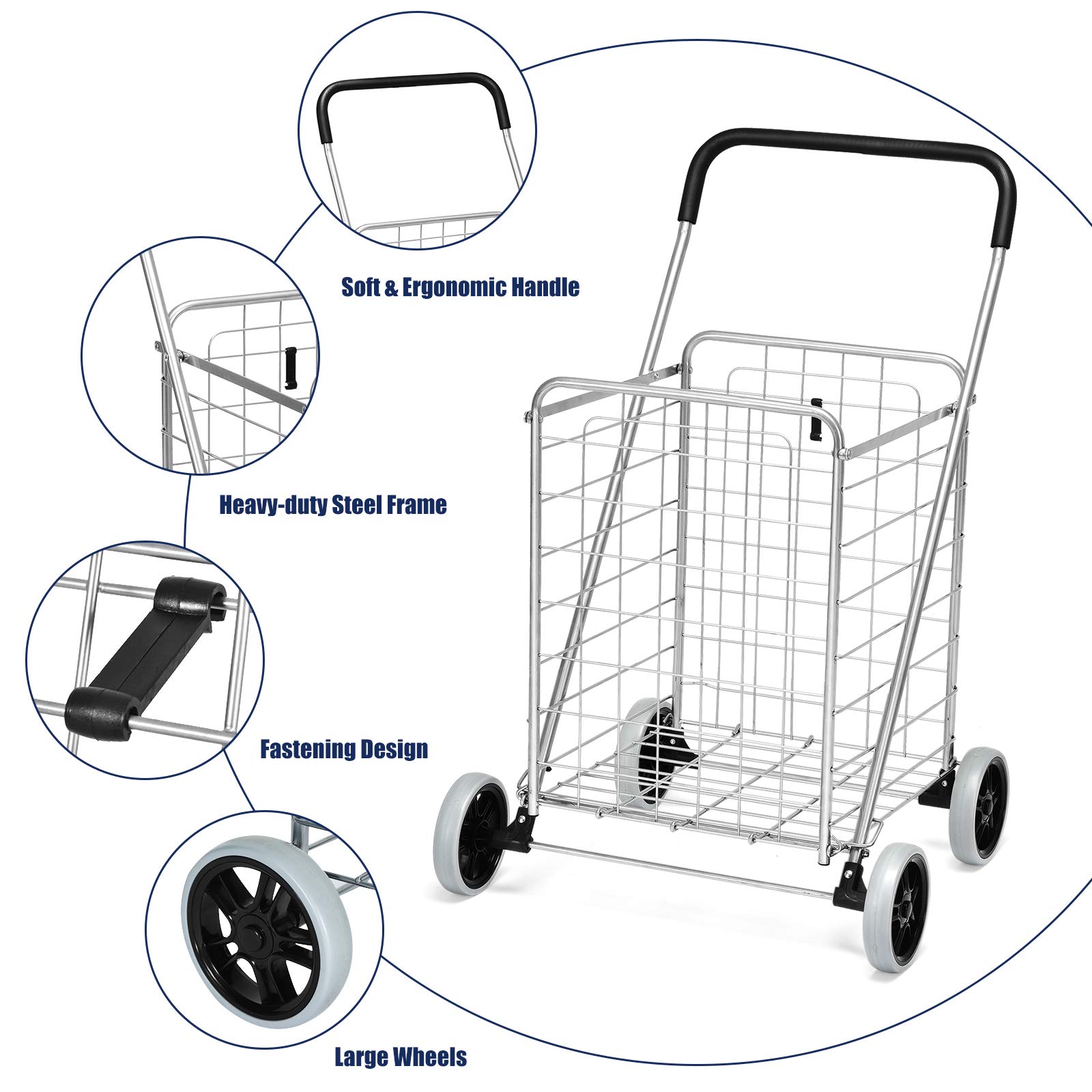 Goplus Shopping Carts for Groceries, Heavy Duty Folding Shopping Cart with Wheels, Portable Collapsible Grocery Cart, Light Weight Foldable Utility Cart for Laundry Silver