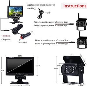 OiLiehu Wireless Backup Camera and Monitor Kit, 7 inch HD LCD Monitor with Antenna, 2 x Wireless Rear View Camera, IP67, Night Version, 12-24 V, Suitable for Buses, SUVs, Trucks, Trailers