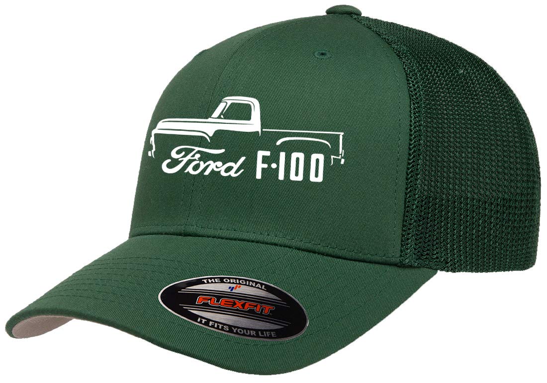 1953-56 Ford F100 Pickup Truck Outline Design Flexfit Trucker Mesh Fitted Cap Forest