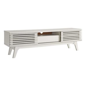 levan home mid century modern low profile 59" retro tv stand with slatted shelves in white