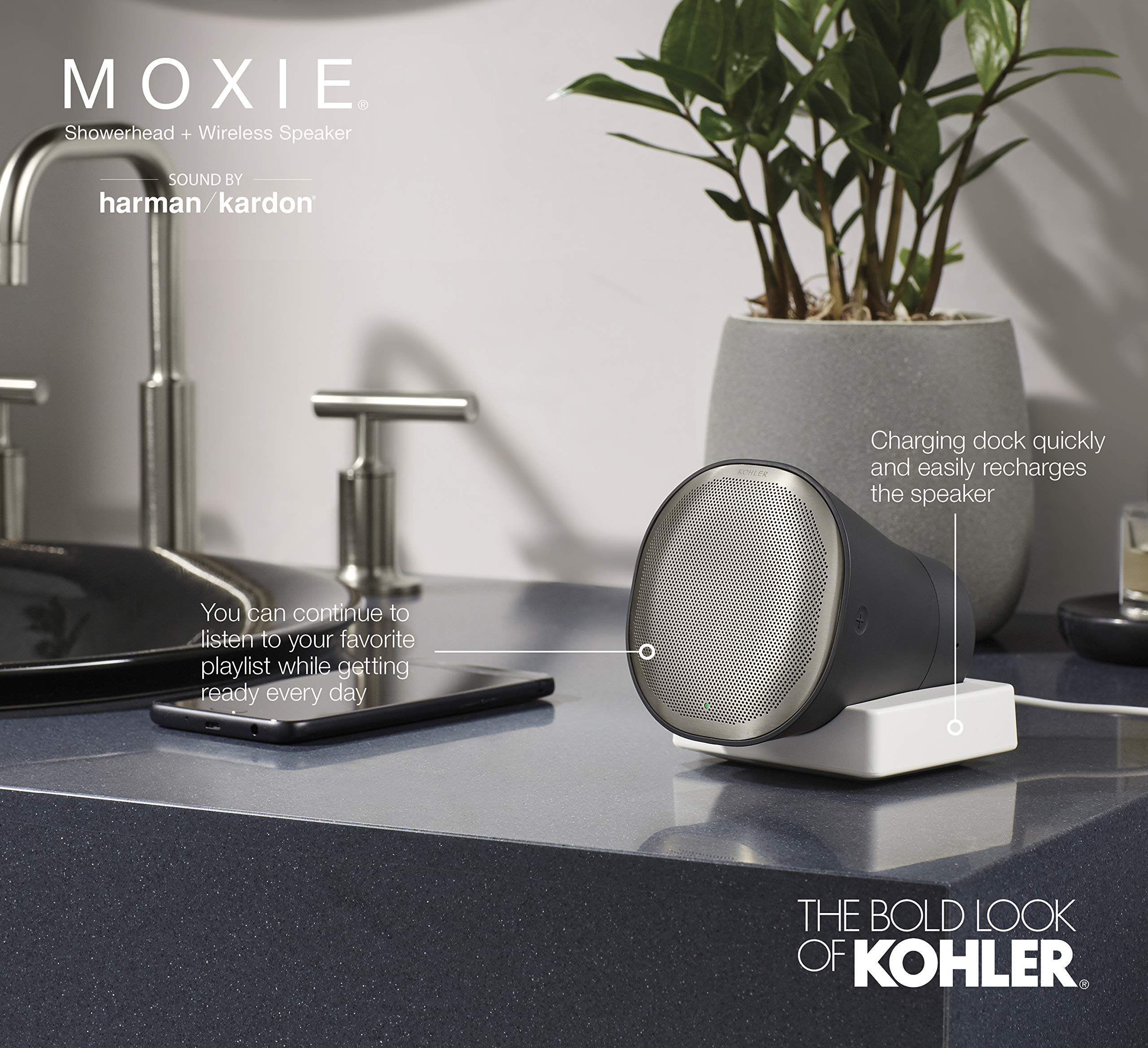 KOHLER 28238-NKE-BN Moxie Bluetooth Showerhead, Waterproof Shower Speaker, 2.5 GPM, Vibrant Brushed Nickel