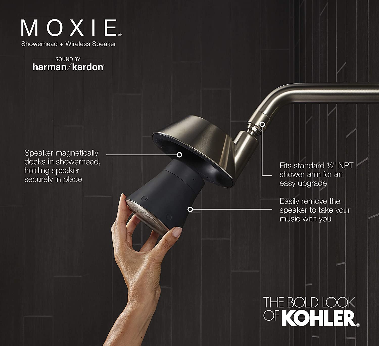 KOHLER 28238-NKE-BN Moxie Bluetooth Showerhead, Waterproof Shower Speaker, 2.5 GPM, Vibrant Brushed Nickel