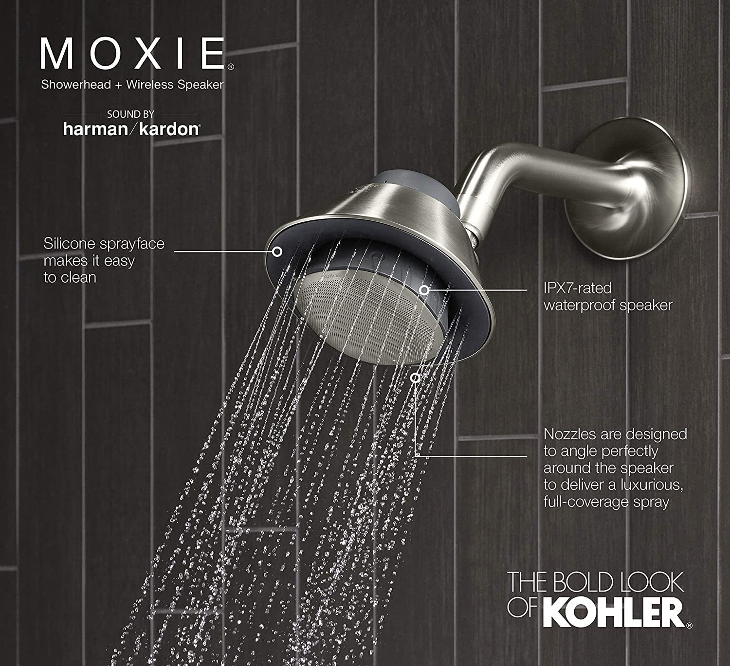 KOHLER 28238-NKE-BN Moxie Bluetooth Showerhead, Waterproof Shower Speaker, 2.5 GPM, Vibrant Brushed Nickel