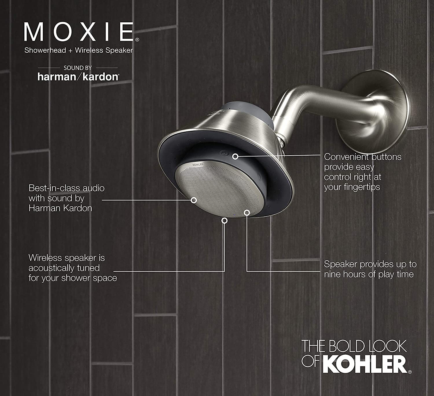 KOHLER 28238-NKE-BN Moxie Bluetooth Showerhead, Waterproof Shower Speaker, 2.5 GPM, Vibrant Brushed Nickel