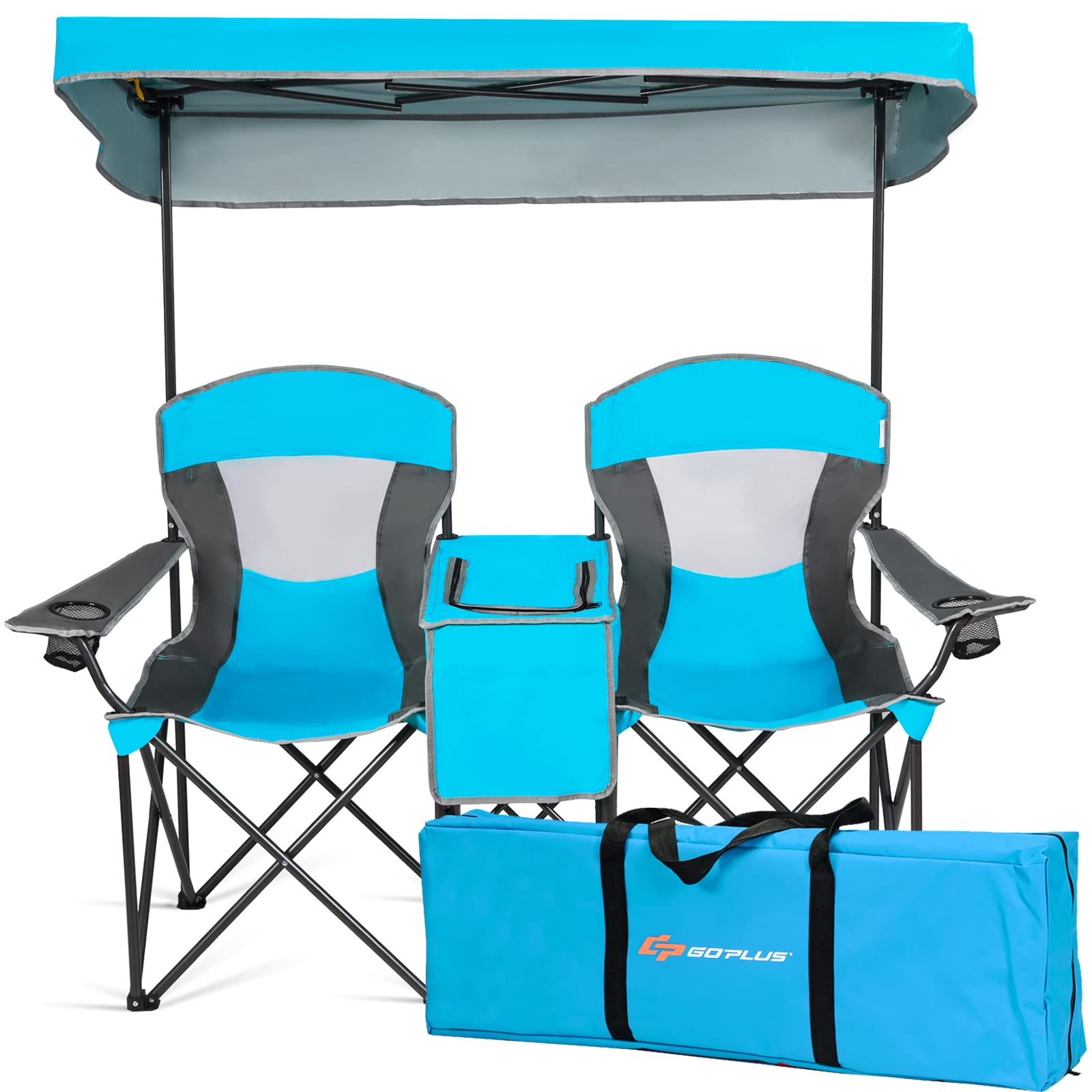 Goplus Double Beach Chair with Canopy Shade, Folding Lawn Camping Chairs with Sunshade & Mini Table Beverage Holder & Carrying Bag for Outdoor Travel Hiking Fishing Poolside (Blue)