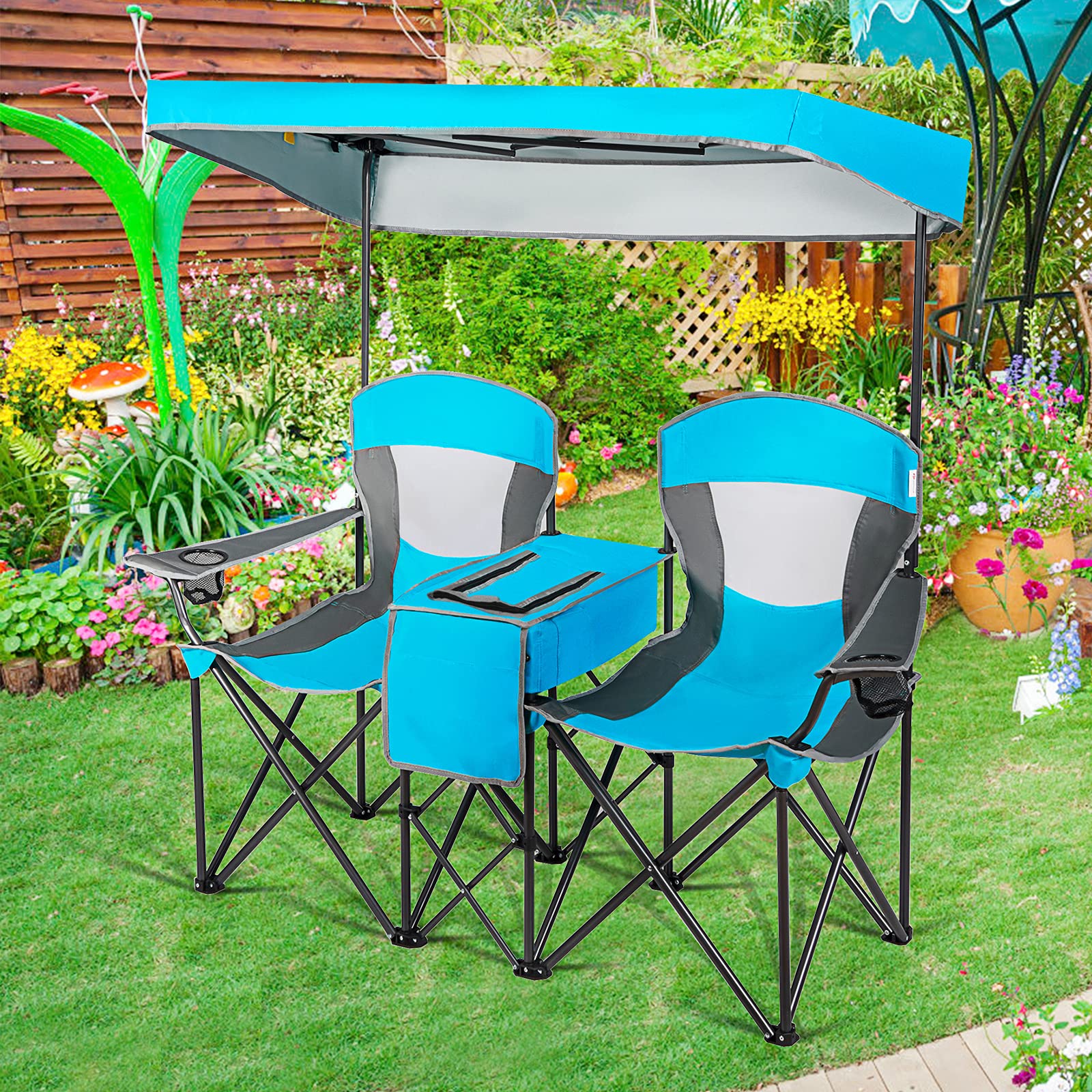 Goplus Double Beach Chair with Canopy Shade, Folding Lawn Camping Chairs with Sunshade & Mini Table Beverage Holder & Carrying Bag for Outdoor Travel Hiking Fishing Poolside (Blue)