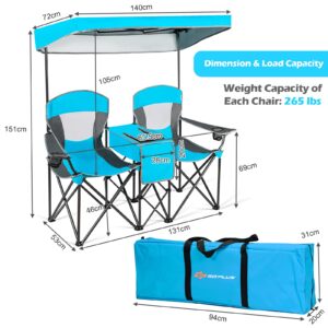 Goplus Double Beach Chair with Canopy Shade, Folding Lawn Camping Chairs with Sunshade & Mini Table Beverage Holder & Carrying Bag for Outdoor Travel Hiking Fishing Poolside (Blue)