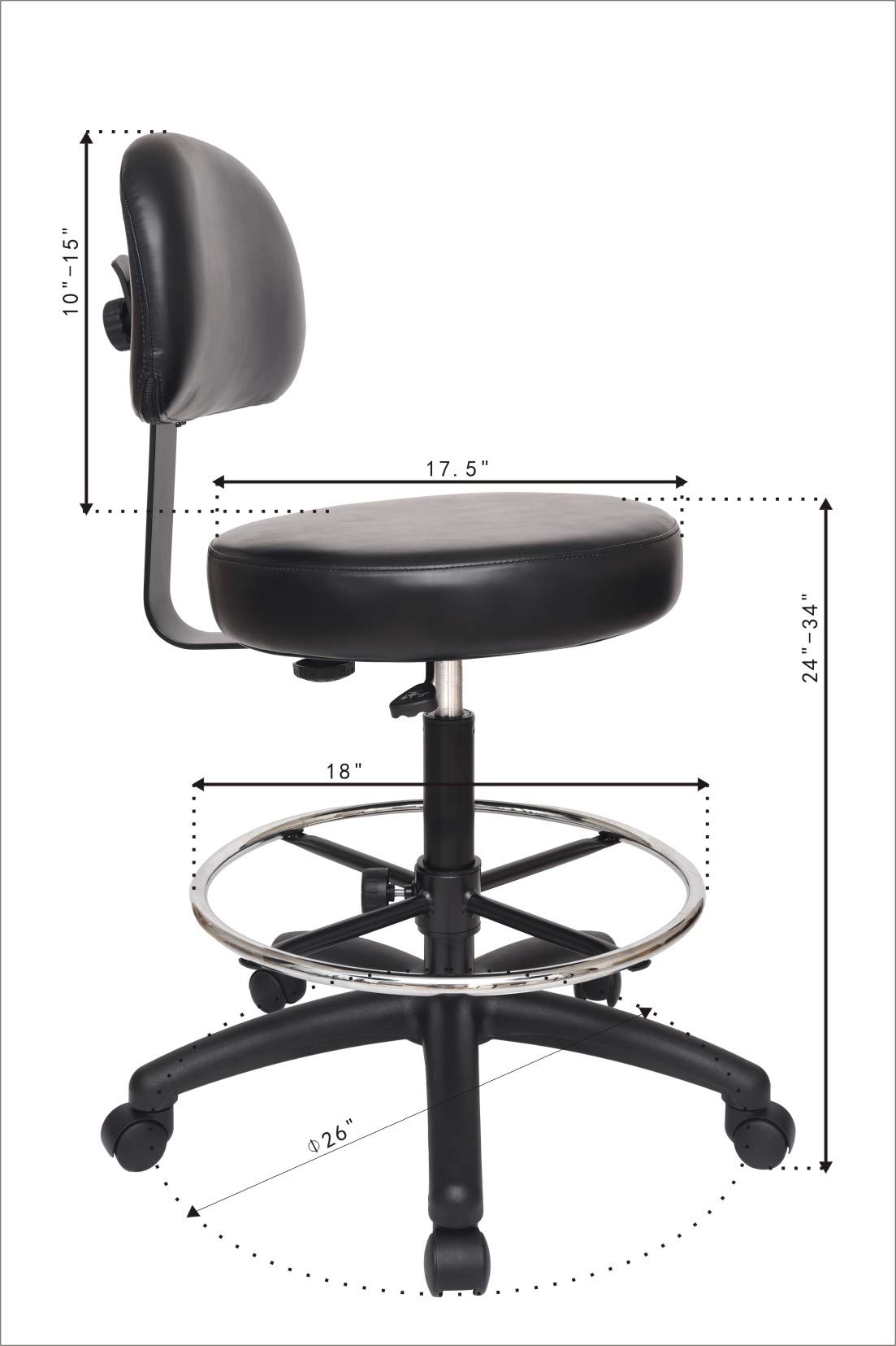 Chair Master Adjustable Chair/Stool for Exam Rooms, Labs, Doctor and Dentist Offices. Easy to Clean! 24"-34" Seat Height. 18" Foot Ring (Tall Bench Height, Black)