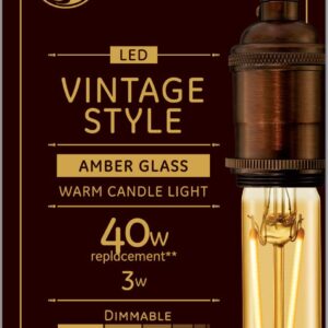 GE Vintage Style LED Tube Light Bulb, 3 Watts (40 Watt Equivalent) Warm Candle Light, Amber Glass, Candelabra Base, Dimmable (4 Pack)