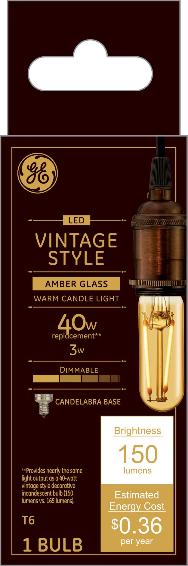 GE Vintage Style LED Tube Light Bulb, 3 Watts (40 Watt Equivalent) Warm Candle Light, Amber Glass, Candelabra Base, Dimmable (4 Pack)